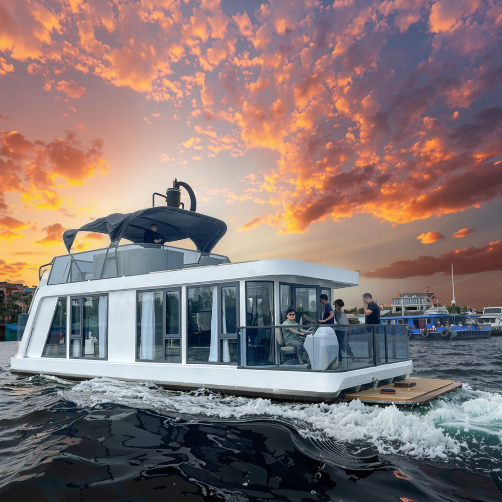 Aluminum Hull Double Deck Houseboat Boat House Floating for waterfront ...